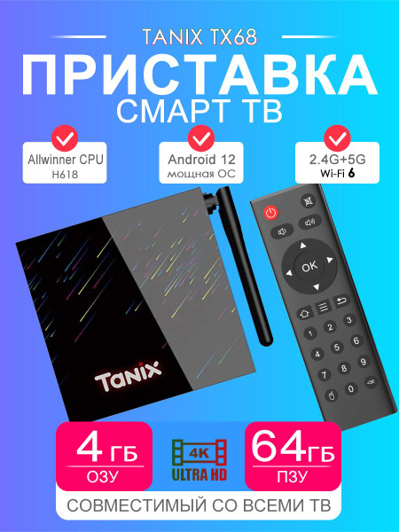 Характеристики Смарт ТВ приставка Tanix TX68 4/64 Гб Allwinner H618 ...
