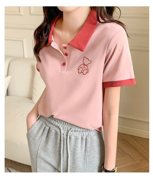 Поло Женский Miu Miu розовый Короткий размер 48 Хлопок Орнамент облегающий Повседневный Китай