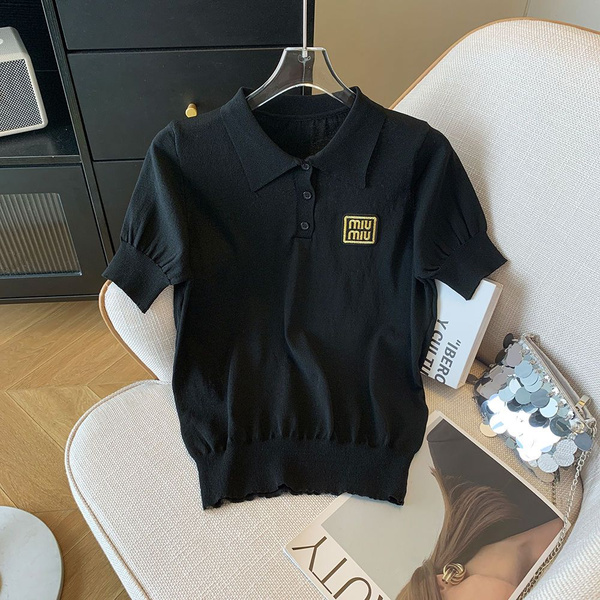 Поло Женский Miu Miu черный Короткий размер 46 Натуральный шелк Логотип облегающий Повседневный