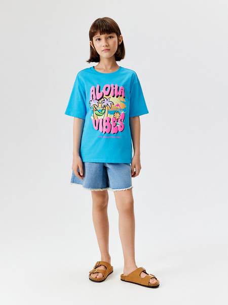 Футболка Девочки Acoola лазурный Короткий, размер 122 Трикотаж, Хлопок Надписи, Морская тематика ...