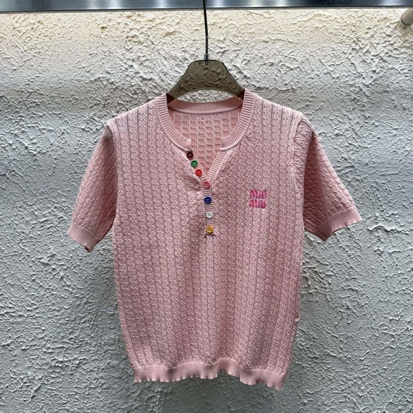 Футболка Женский Miu Miu розовый Короткий размер 48 Хлопок Надписи