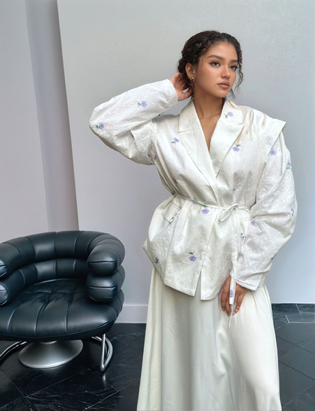 Пиджак Женский Tiya moda сиреневый меланж, размер 42 Хлопковый шенилл Вышивка Длинный жакет ...