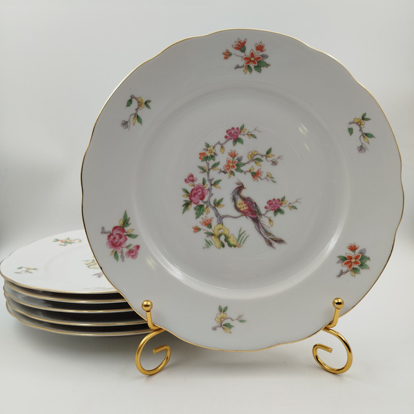 Набор из 6-ти обеденных тарелок, декорированных в японском стиле, фарфор, деколь, золочение ...