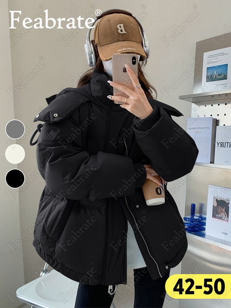 Куртка Женский Feabrate Капюшон черный капюшон Полиэстер, размер 44 Длинный Зима свободный ...