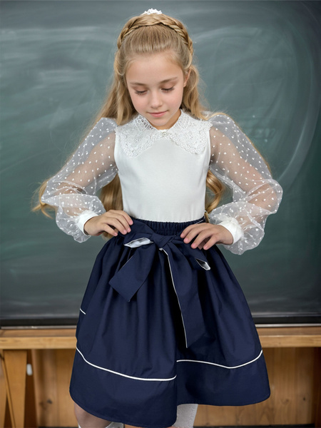 Юбка Девочки MamiDreams темно-синий Поликоттон, размер 128 Резинка Миди Бант, Пояс/ремень ...