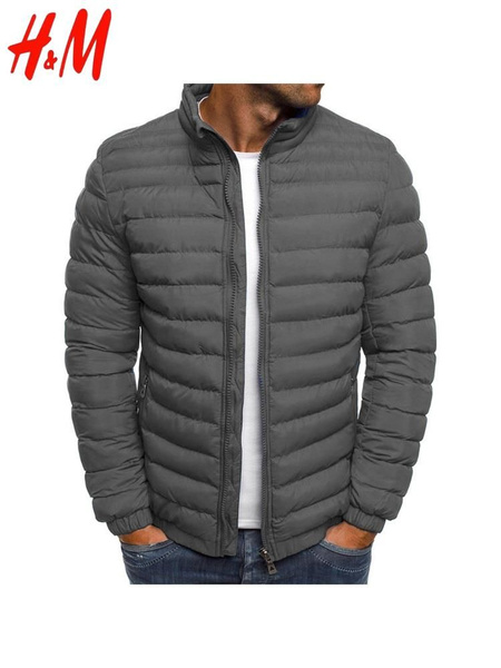 Пуховик Мужской H&M Карманы серый лацканы Хлопок, размер 50 Длинный Зима облегающий Пух-перо ...