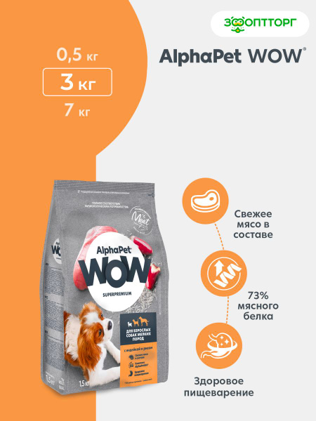 Сухой корм AlphaPet WOW Superpremium для взрослых собак мелких пород с индейкой и рисом, 3 кг ...