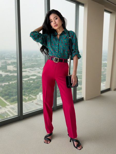 Брюки Женский HELLO MODA! фуксия Полиэстер, размер 44 Без застежки На любой сезон Россия Высокая ...