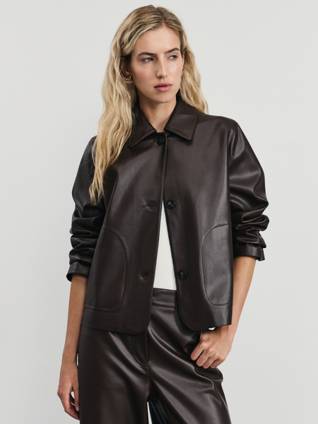 Жакет Женский Zarina темно-коричневый Искусственная кожа, размер 48 Карманы полуприлегающий ...