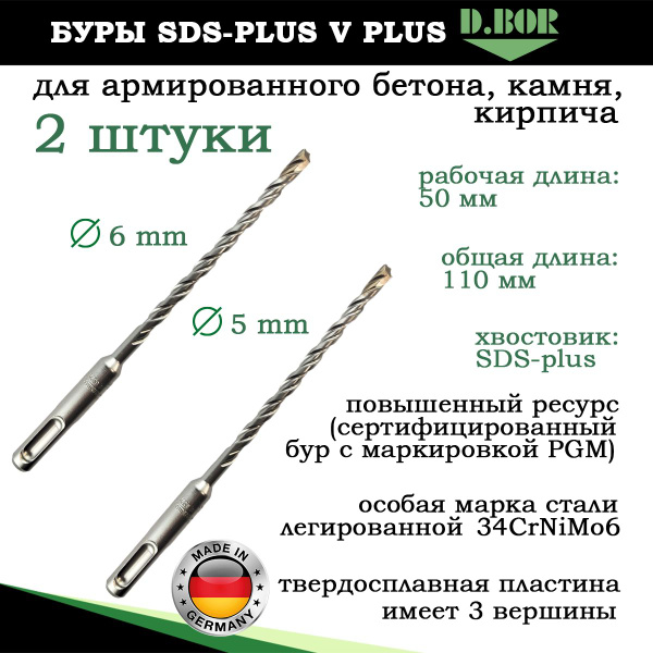 Буры по армированному бетону, Германия, sds plus, 2 шт (5 и 6 мм ...