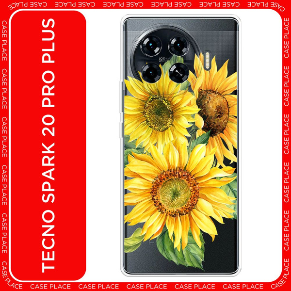Силиконовый чехол на Tecno Spark 20 Pro Plus Текно Спарк 20 Про Плюс Три больших подсолнуха