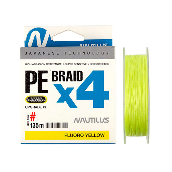 Шнур плетеный Nautilus Braid X4 Fluoro Yellow d-0.08, 4.5кг, 0.6PE ...