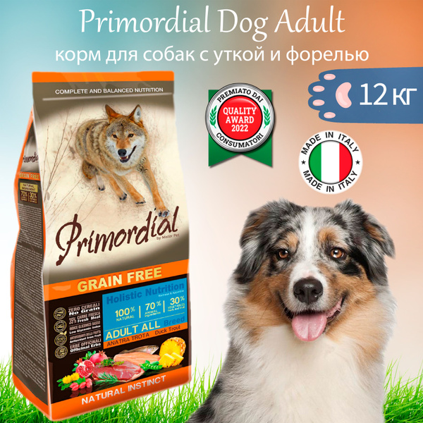 Primordial Dog Trout Duck 12 кг сухой беззерновой корм для собак ...
