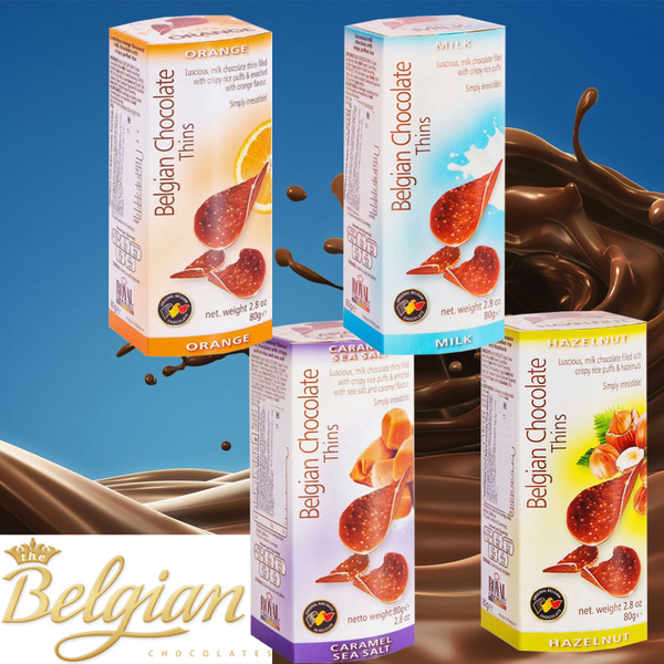 Шоколадные Чипсы Belgian Chocolate Thins - Молоко, Фундук, Морская соль и карамель, Апельсин, 4 ...