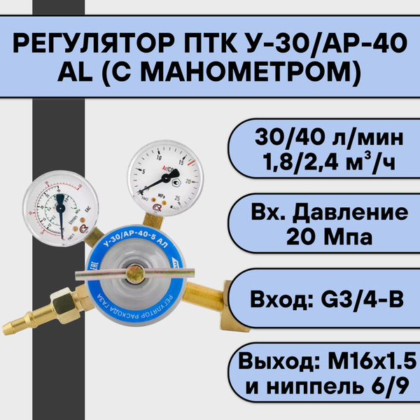 Регулятор для углекислоты и аргона ПТК У-30/АР-40 Al (с манометром ...