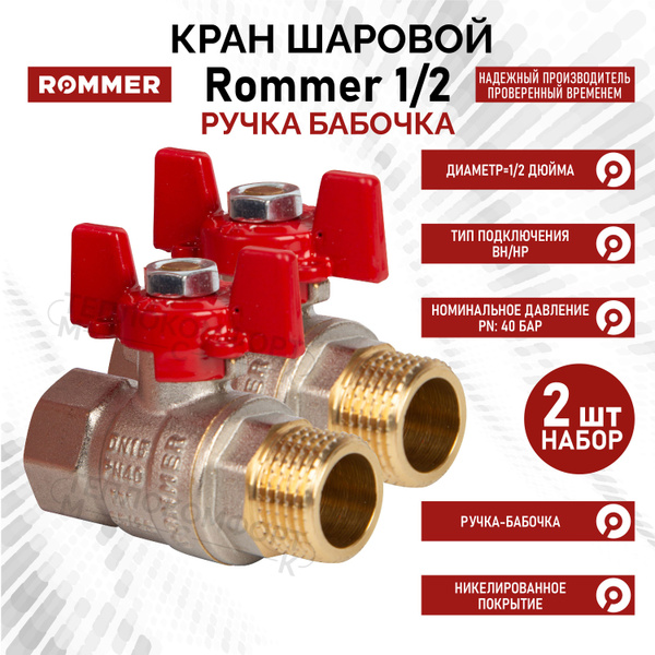 Кран шаровой Rommer 1/2 дюйма латунный никелированный, внутренняя ...