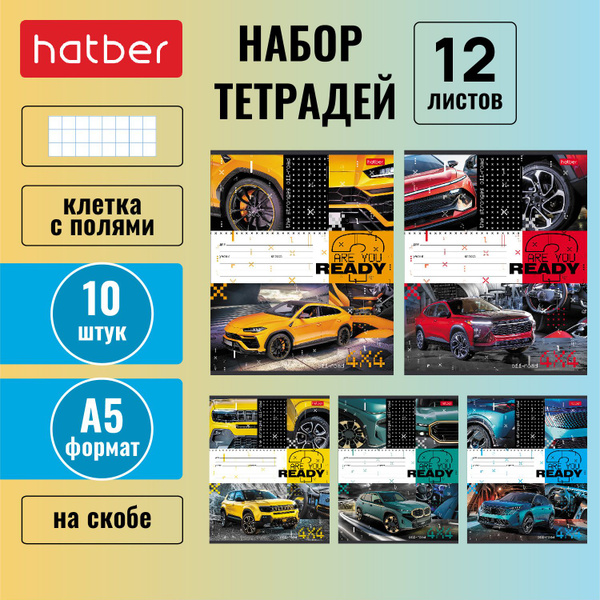 Набор тетрадей Hatber 12 листов, формата А5, в клетку, на скобе, 10 штук/5 дизайнов ...