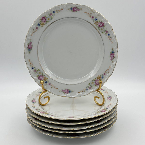 Набор из 6-ти десертных тарелок украшенных цветочным орнаментом, фарфор, деколь, золочение ...