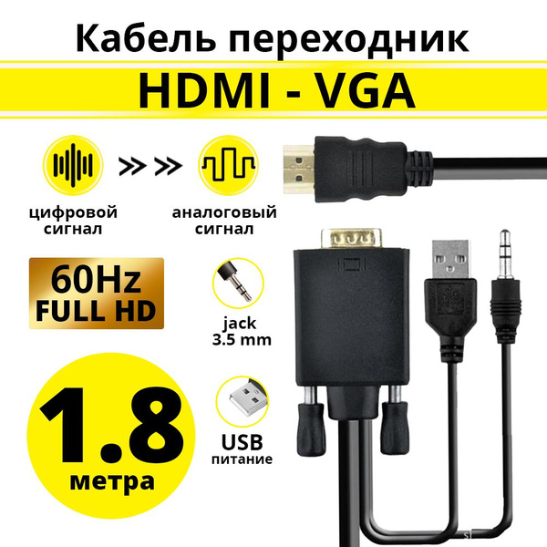 Кабель переходник 1.8м HDMI-VGA 3,5 мм стерео аудио и usb питание - купить с доставкой по ...