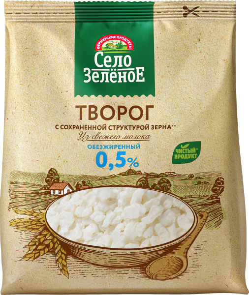Творог рассыпчатый СЕЛО ЗЕЛЕНОЕ обезжиренный 0,5% пак. без змж, 200г ...