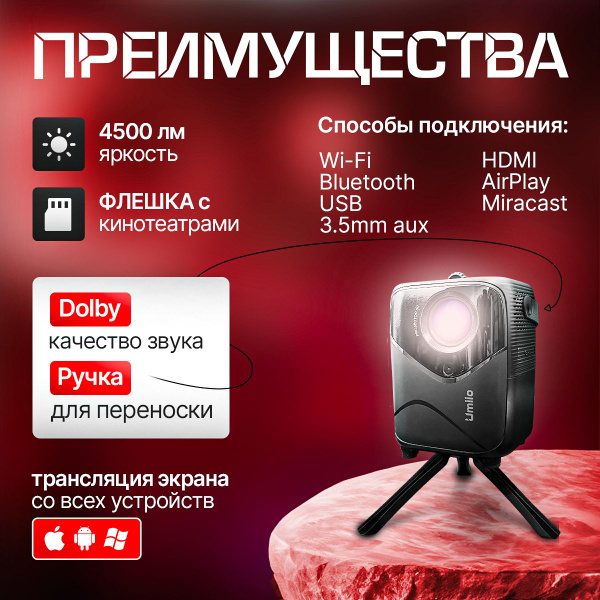 Umiio Проектор Umiio Ultra 2024 Q1 + HDMI вход + Wi-Fi Bluetoth (новинка), 1LCD, черный матовый ...