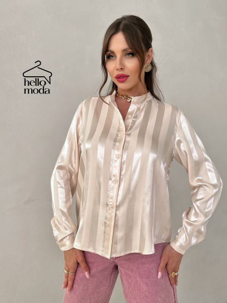 Блузка Женский HELLO MODA! бежевый, молочный Полиэстер Длинный Полоска, размер 44, 42 Пуговицы ...
