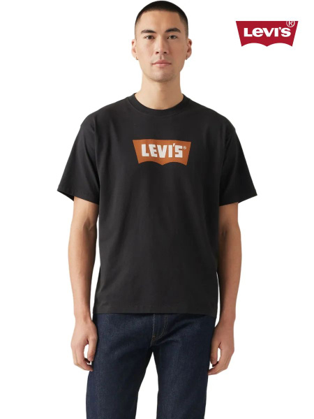 Футболка Мужской Levi's черный Короткий, размер 44, 46 Хлопок Логотип ...