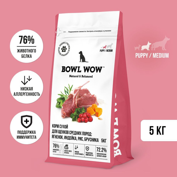 Корм сухой BOWL WOW супер премиум со свежим ягненком, индейкой, рисом и ...