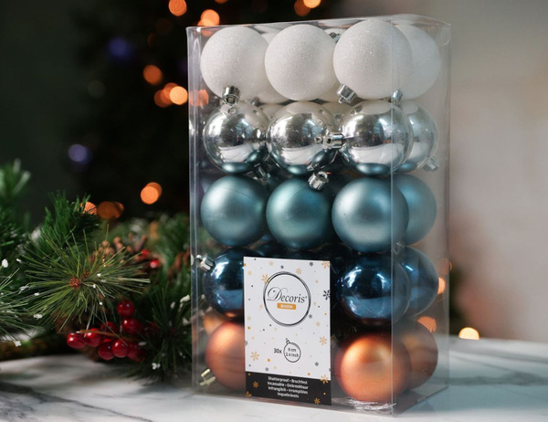 Набор пластиковых шаров, глянцевые, матовые, глиттер, 60 мм, упаковка 30 шт., Kaemingk (Decoris ...