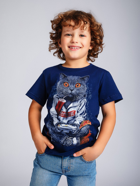 Футболка Мальчики KyKy wear синий Короткий, размер 110, 116 Хлопок Анималистический прямой ...