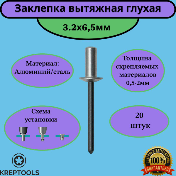 Заклепка вытяжная 3,2х6,5мм ISO 15973 слепая (глухая) алюминий/сталь 20 ...