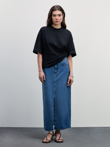 Футболка Женский Zarina черный Короткий, размер 48 Хлопок Однотонный свободный Повседневный ...