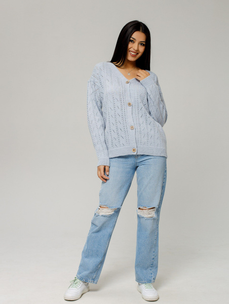 Кардиган Женский BESTAMIN голубой Шерсть, Акрил, размер 46, 48 Пуговицы ...