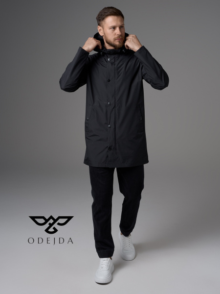 Ветровка Мужской ODEJDA Карманы, Молния черный капюшон Плащевка, размер 52 Длинный Демисезон ...