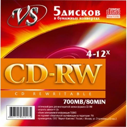 Диск CD-RW VS 700Mb 12x Paper Cover (5 шт.) (VSCDRWK501) купить на OZON ...