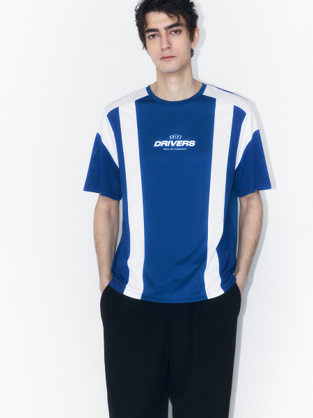 Футболка Мужской Befree синий Короткий, размер 46 Трикотаж Надписи прямой Повседневный Китай ...