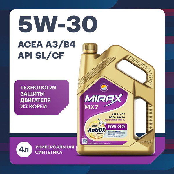 Масло моторное MIRAX MX7 5W-30 Синтетическое 4 л 607027 купить c доставкой на OZON по низкой ...