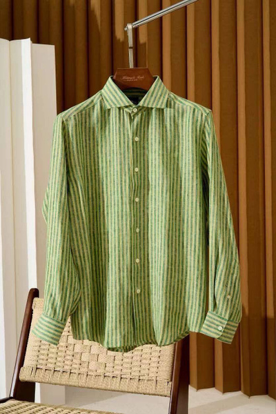 Рубашка Мужской зеленый лишайник Длинный Лен размер 48 Пуговицы Италия купить C доставкой на