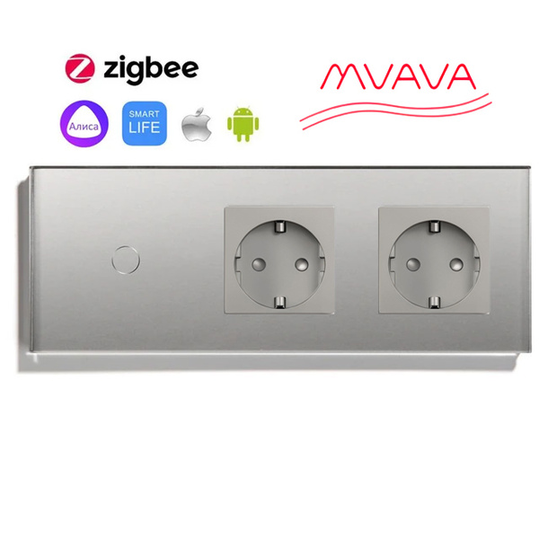 Сенсорный выключатель ZigBee MVAVA 1кл. 2 розетки, 3 поста (1G+2EU) стекло 228х86мм цвет серый ...