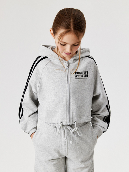 Толстовка Девочки Acoola Капюшон, Молния серый Молния Трикотаж, Хлопок, размер 146 укороченный ...
