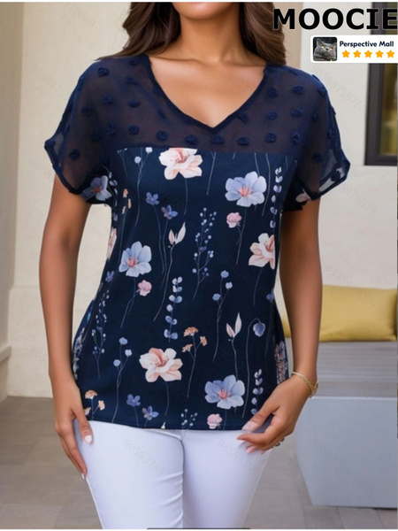 Футболка Женский MOOCIE темно-синий Короткий, размер 48 Мерсеризованный хлопок купить c ...