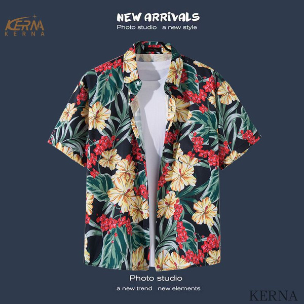 Рубашка Мужской KERNA черный Короткий Полиэстер Цветочный, размер 54, 56 облегающий Пуговицы ...