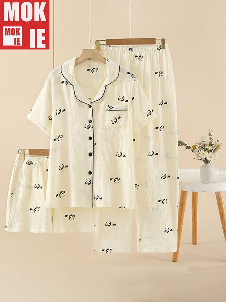 Пижама Женский Mokie с брюками Муслин, Хлопок, размер 50 Сердца бежевый нейтральный, черный ...