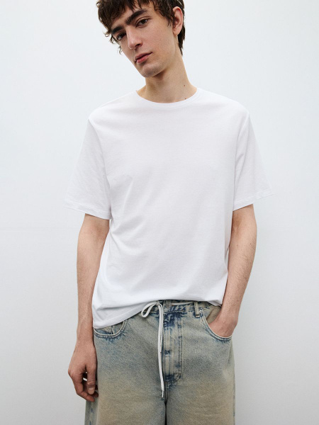 Футболка Мужской Befree белый Короткий, размер 46 Хлопок Однотонный прямой Повседневный ...