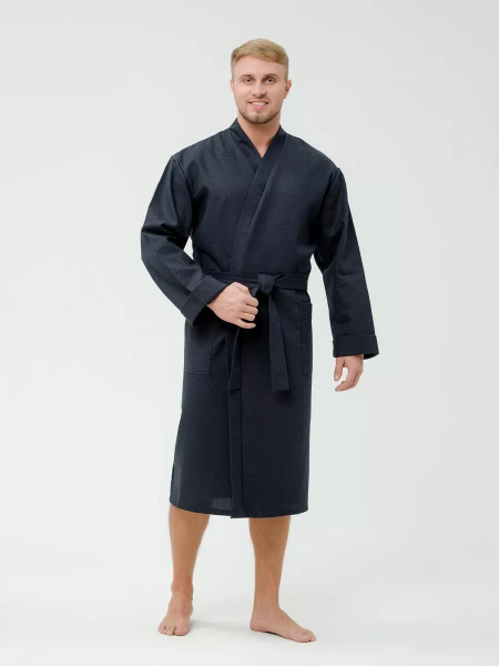 Халат Мужской NATIVIA Домашний Карманы черный Пояс Вафельное полотно, Хлопок, размер 50, 52 ...