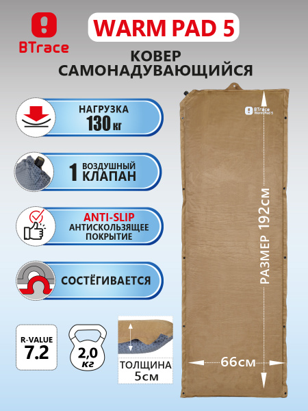 Коврик туристический самонадувающийся BTrace Warm Pad 5, коричневый, 192*66*5 см купить на OZON ...