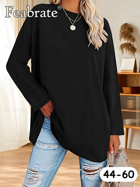 Лонгслив Женский Feabrate черный Длинный, размер 58, 60 Хлопок, Полиэстер свободный Однотонный ...