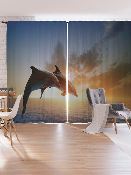 Фотошторы длинные "Дельфины на закате", 2 полотна шириной по 170 см, высота 265 см,, JoyArty ...