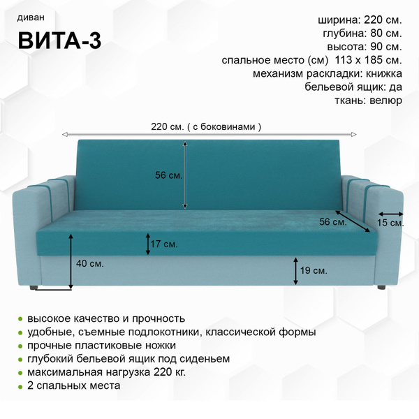 Прямой диван Диван-Книжка, механизм Книжка, 220х80х81 см - купить по ...