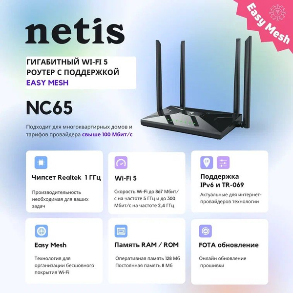 Роутер Netis NC65 Двухдиапазонный гигабитный Wi-Fi AC1200, черный, 5 ГГц, 2.4 ГГц купить по ...